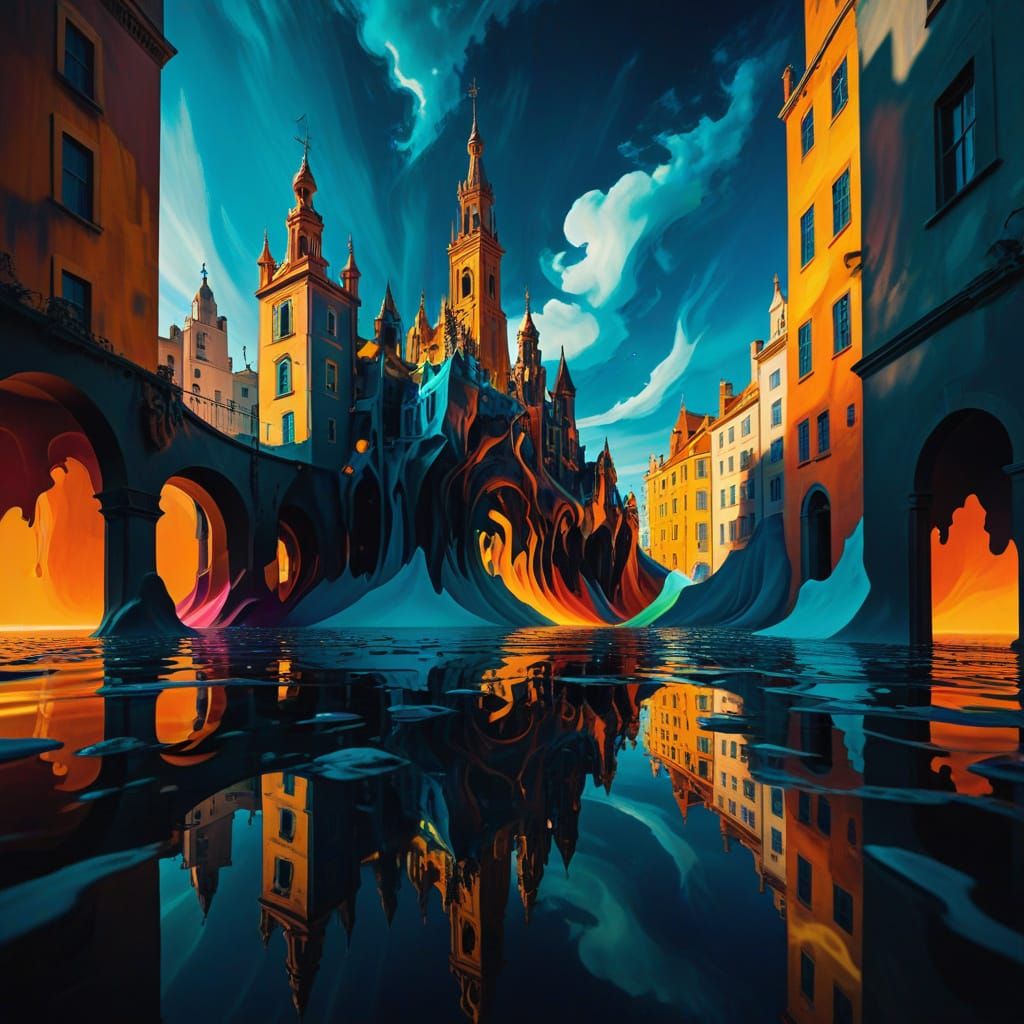 Surreal, Dalí-esque landscape of melting city