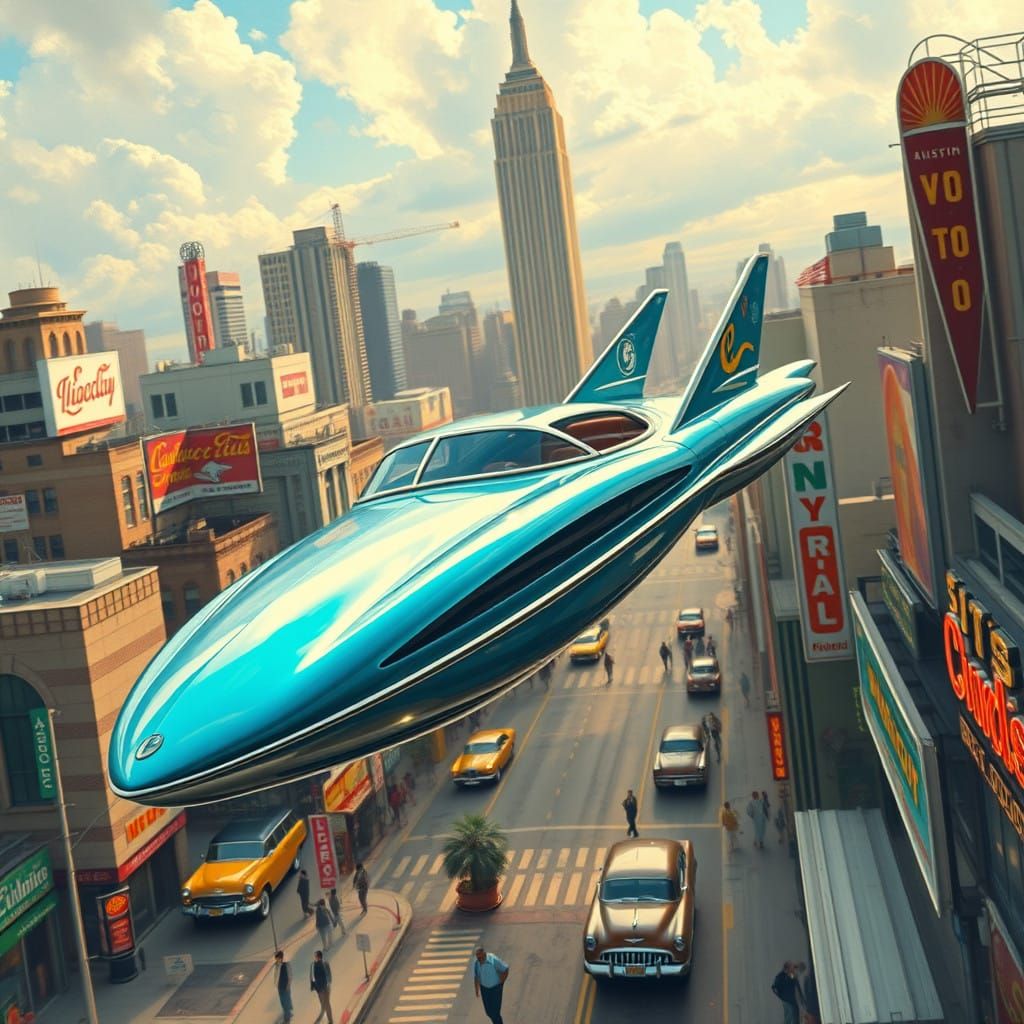 1950s retro futuristic flying car in a 1950s city