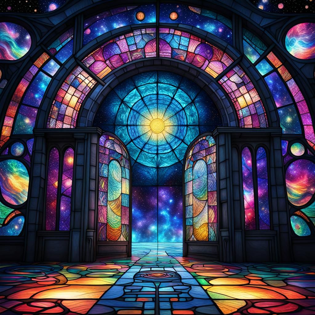 Ominous portal gate in the fabric of the universe made of stained glass ...