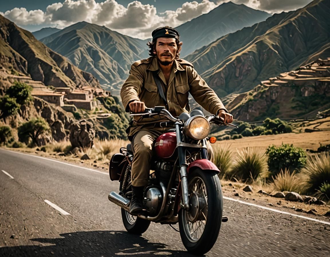 Ernesto "CHE" Guevara riding his old motorcicle on the road of "camino ...