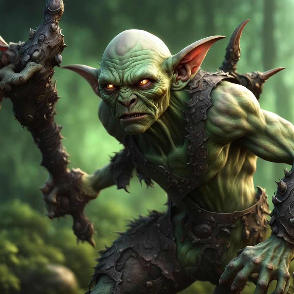 a pale mutated goblin, his skin is ashy as he is surrounded by green ...