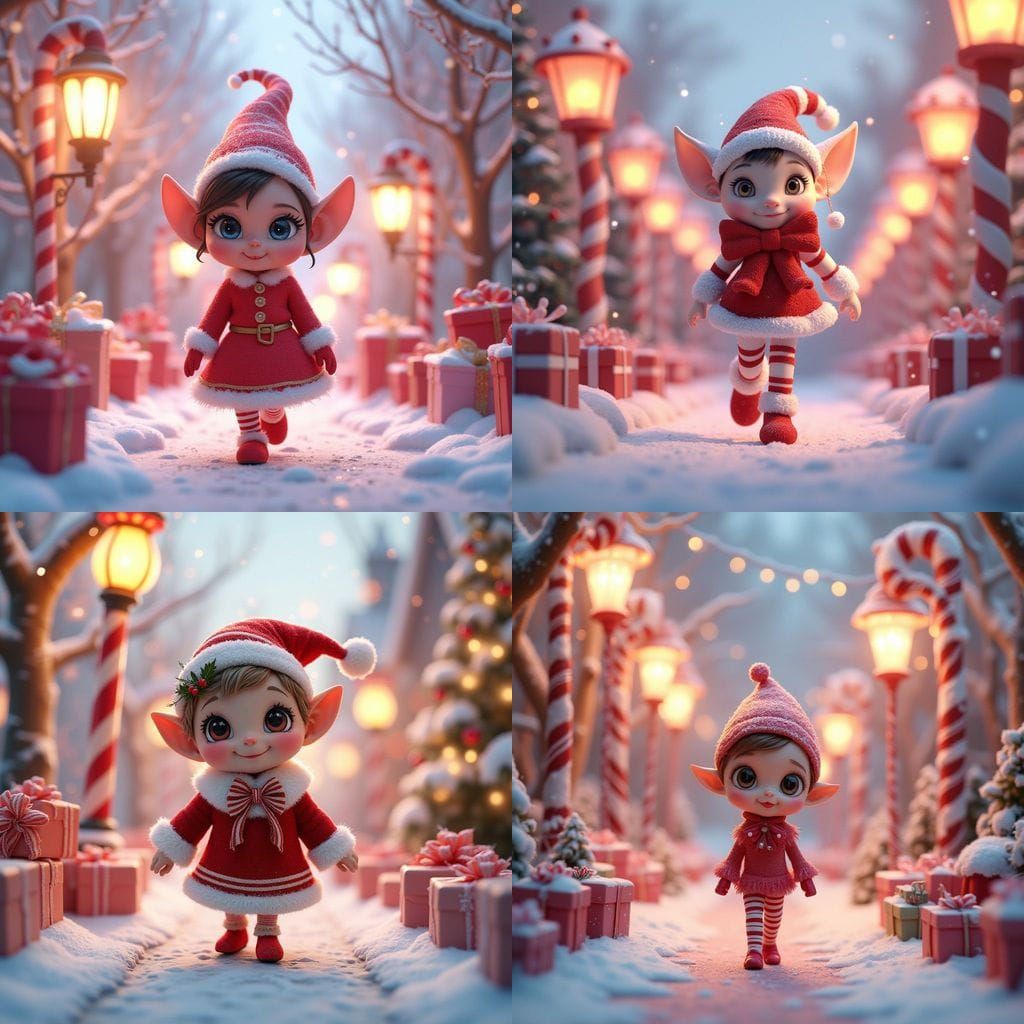 A 3D illustration of an adorable elf walking down Candy Cane Lane in a ...