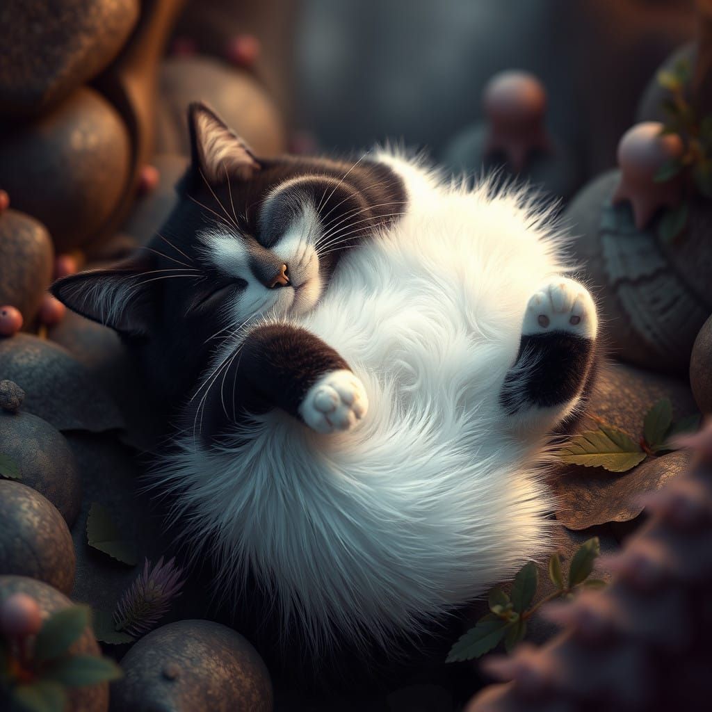 poofy black and white stray cat rolled over on back FEED THE STRAYS!