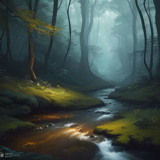 A quiet stream flowing through a forest - AI Generated Artwork ...