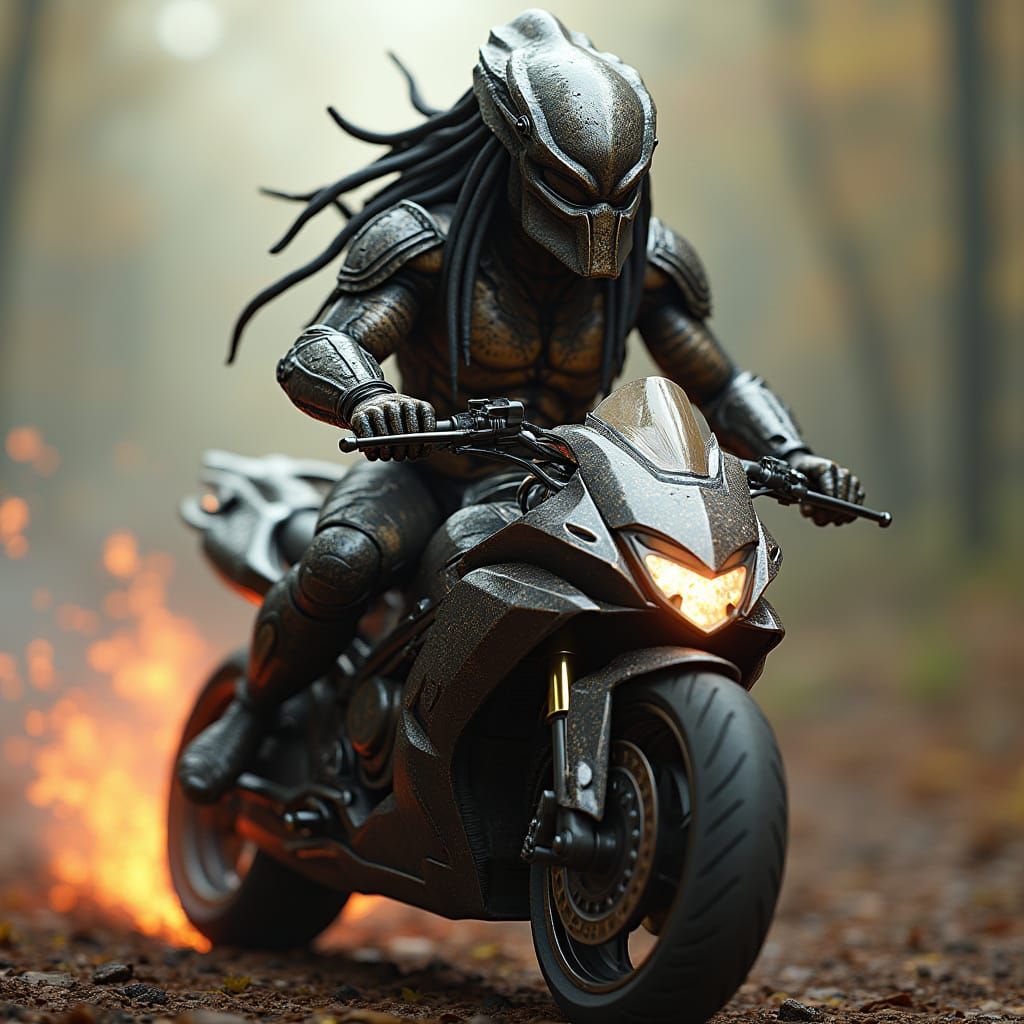 The Predator, as it races on a motorcycle modeled after a Xenomorph.