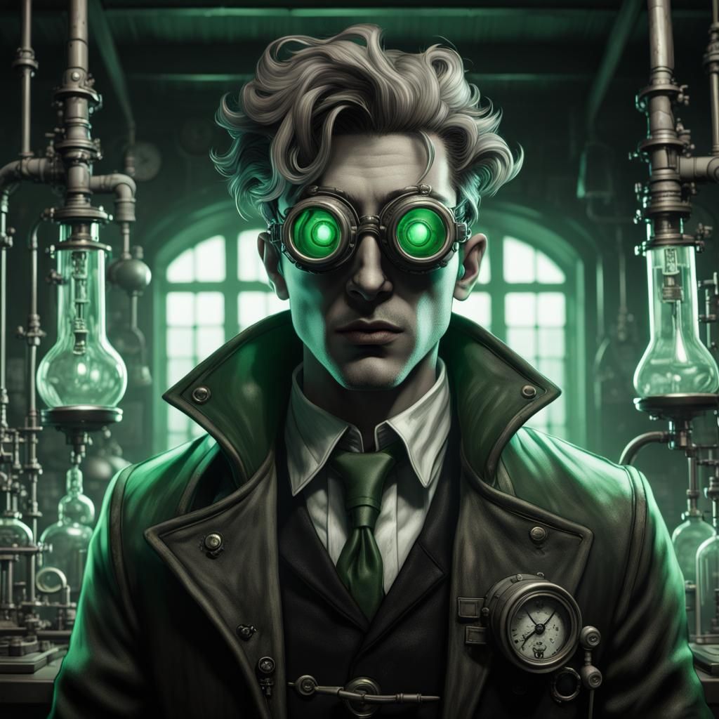 young man, steampunk, mad scientist, wearing goggles, soft lighting ...