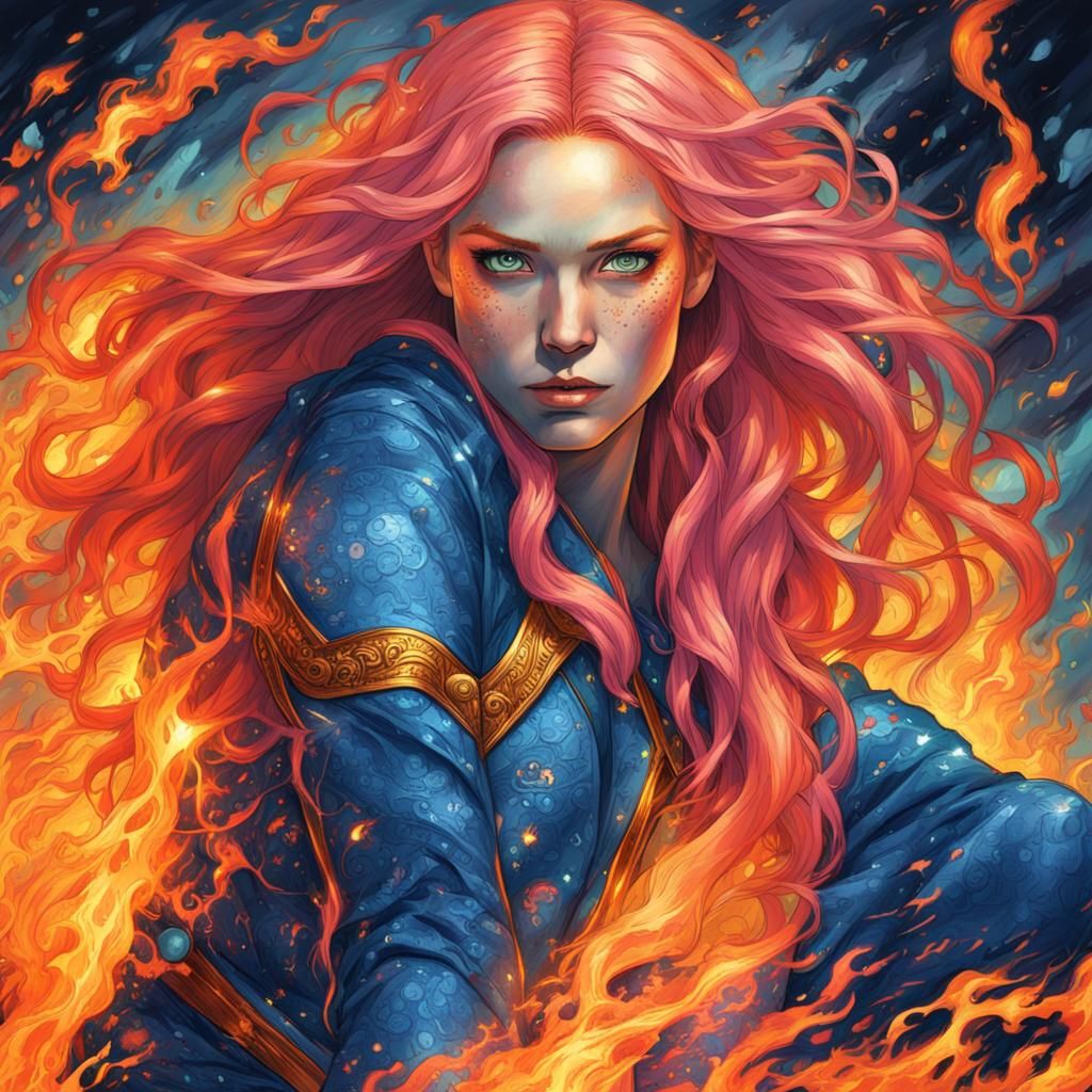 Female Superhero, with long pink hair, blue eyes , power of fire and ...
