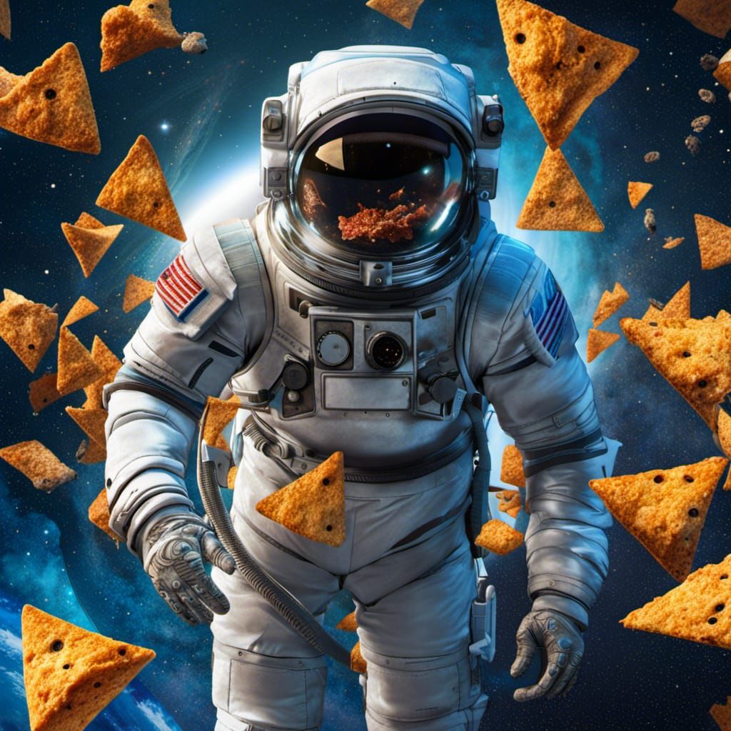 a blue doritos nachos arriving at saturn, deep in the espace, beautiful ...