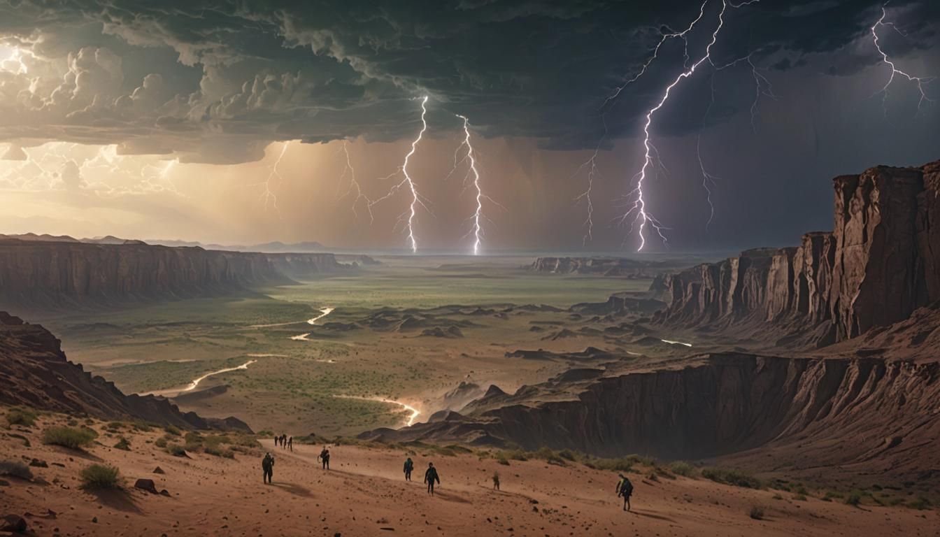 a Vast desert, a large Chasm, with some people climbing out of it - AI ...