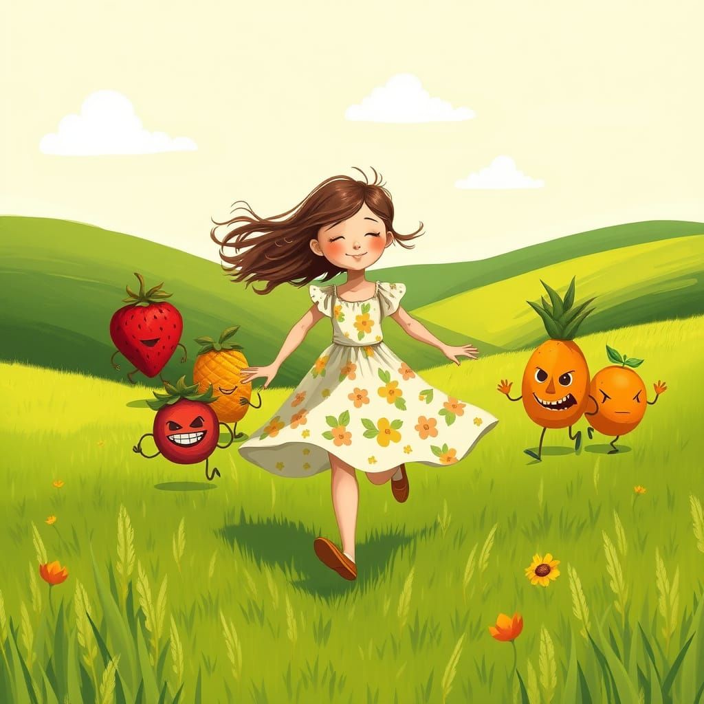 some fruits chasing a girl - Girl Chased by Whimsical Fruit ...