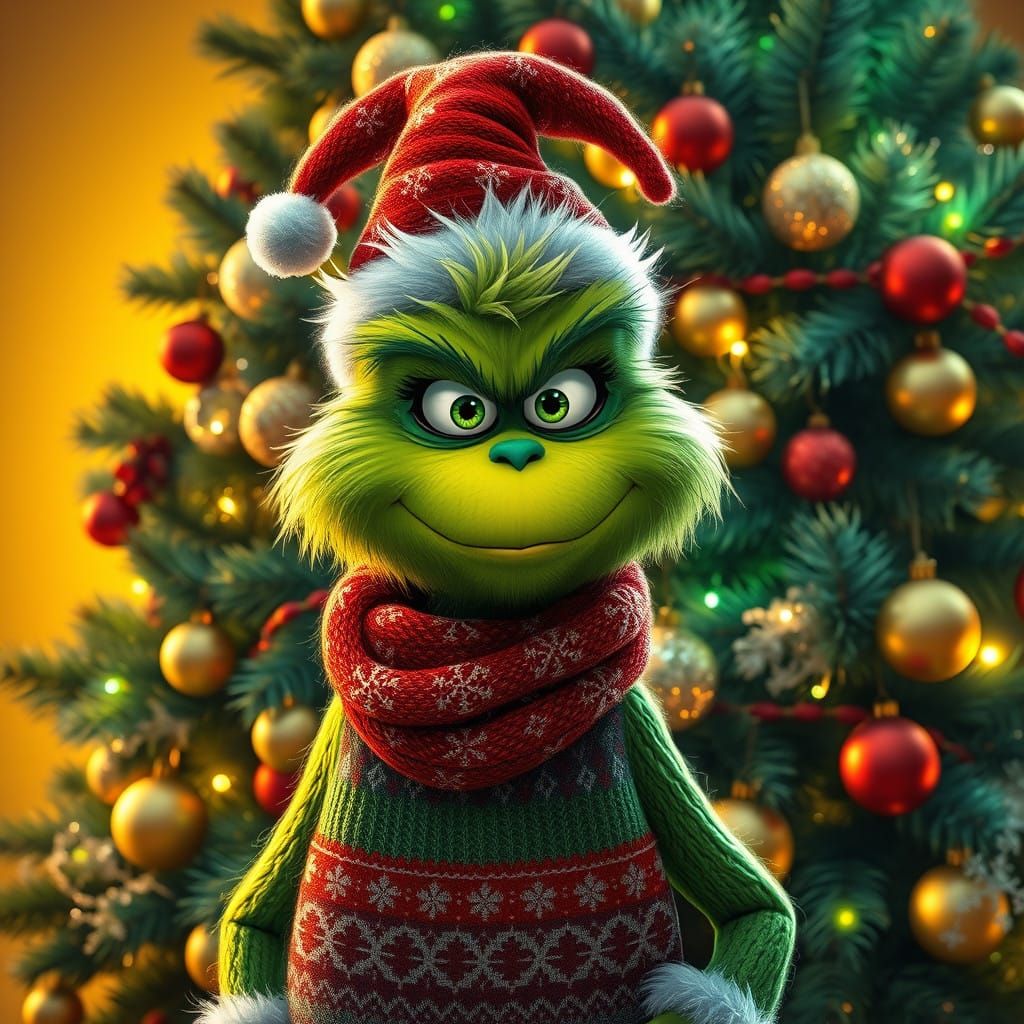 Fluffy fluorescent green grinch with big green eyes and knitted X-mass ...