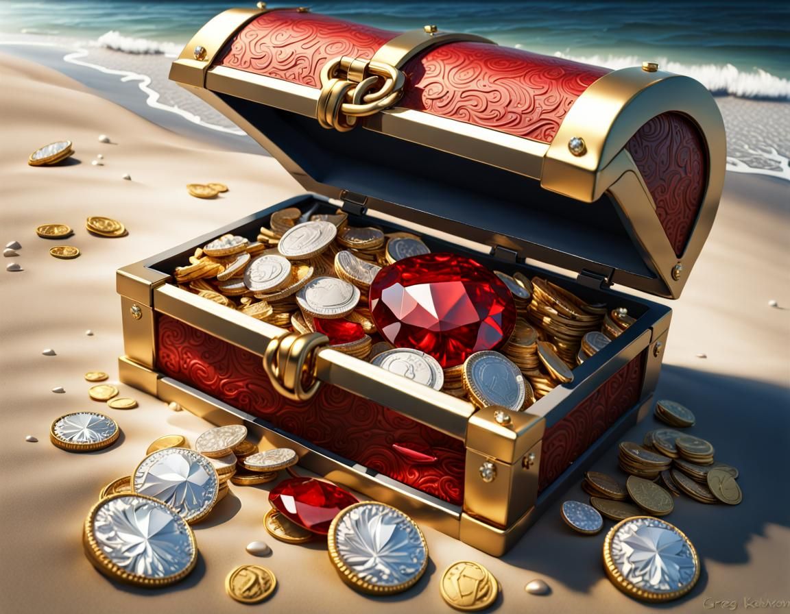 Red treasure chest Washed Ashore with red gems and gold coins - AI ...