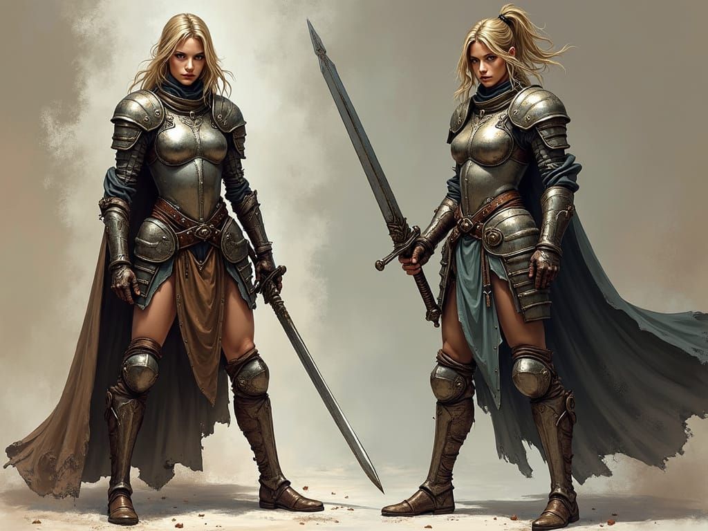Medieval Female Warrior Concept Art in Dynamic Pos... - AI Art