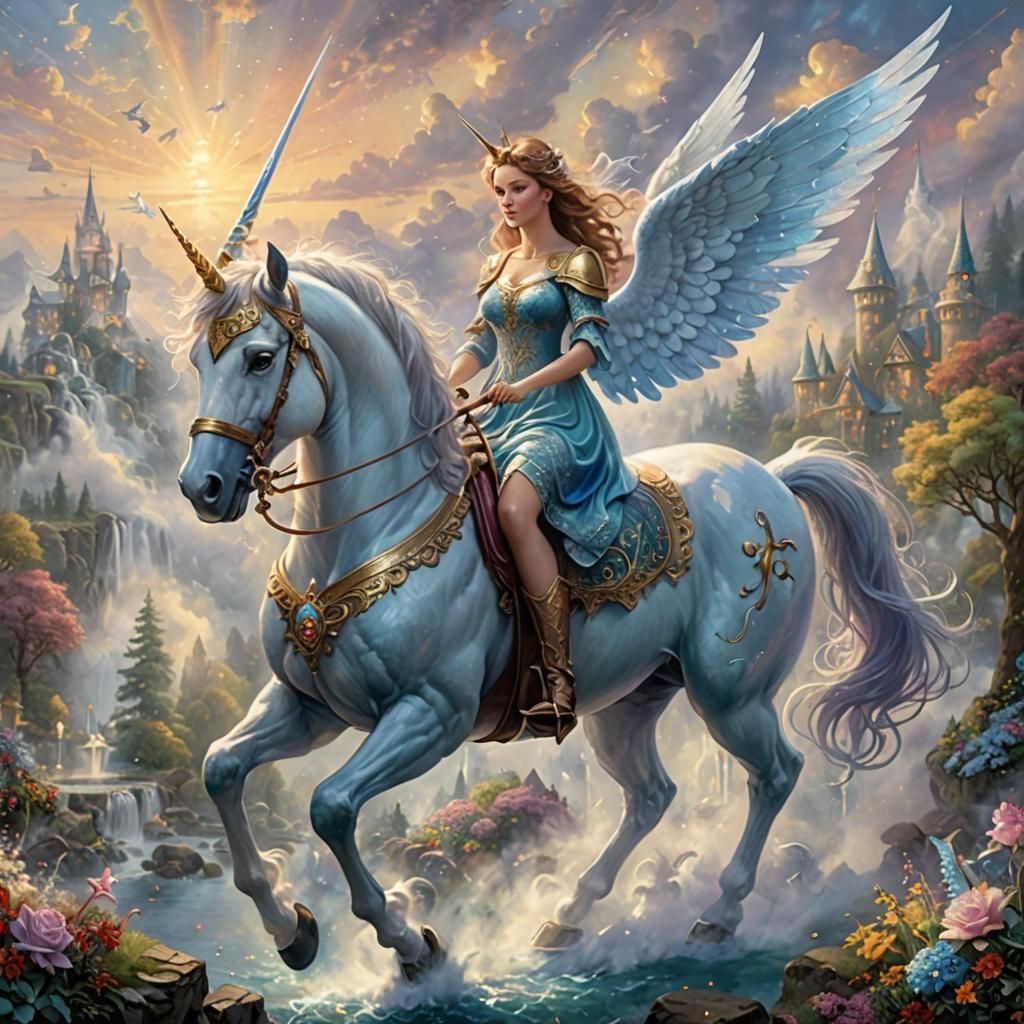 A femail angel riding on a fantasy giant and beautiful unicorn - AI ...