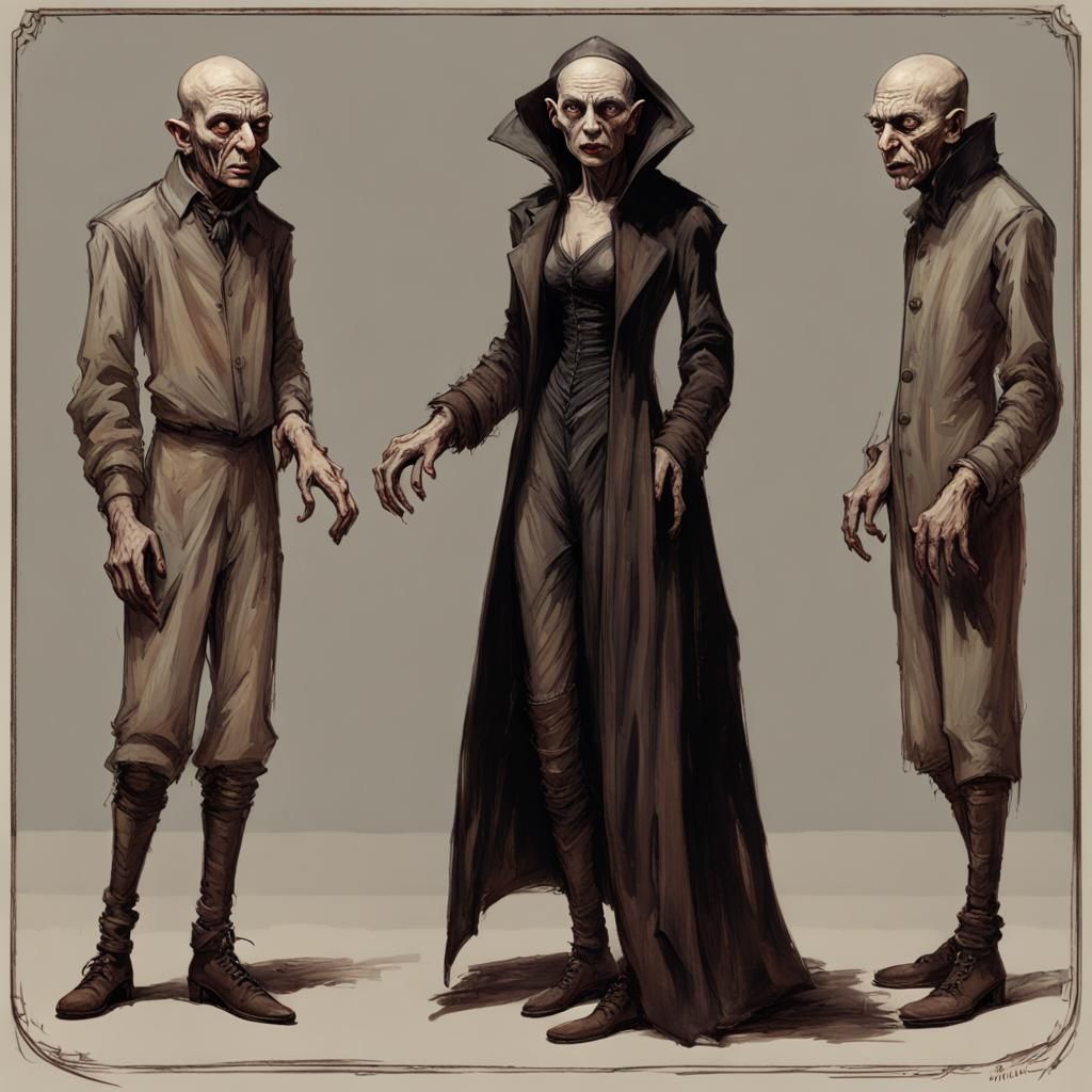 full body character design sheet, Nosferatu vampire, a narcissistic ...