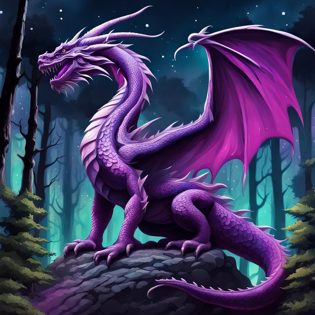 A purple dragon standing with its head looking up and back in the ...