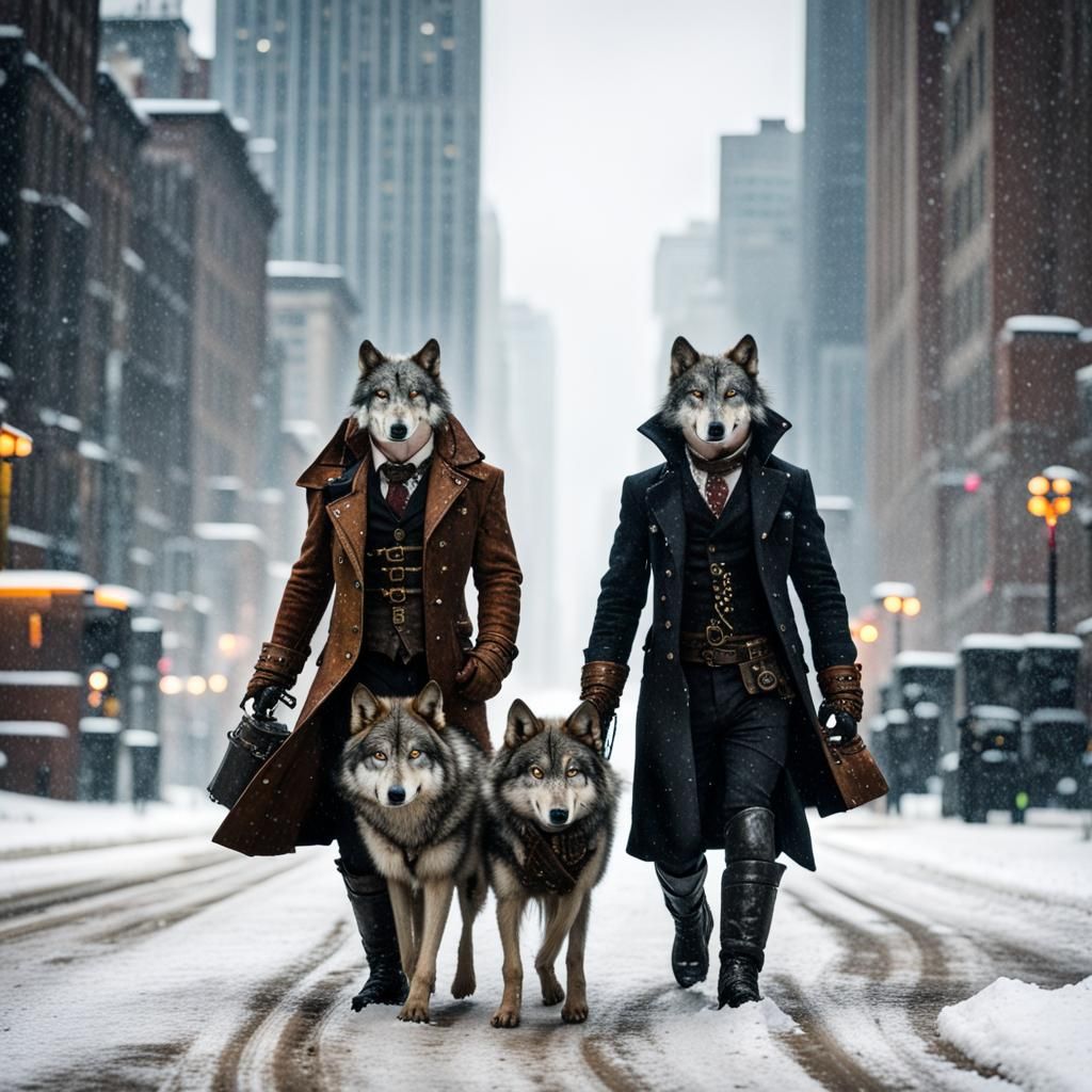 Steampunk wolves in apocalyptic Chicago in the winter time snowing - AI ...