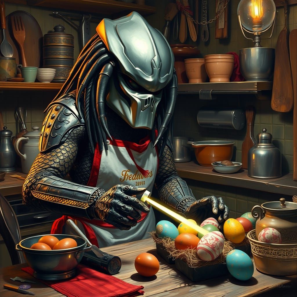 The Predator Decorates Easter Eggs in Vintage Kitc... - AI Art