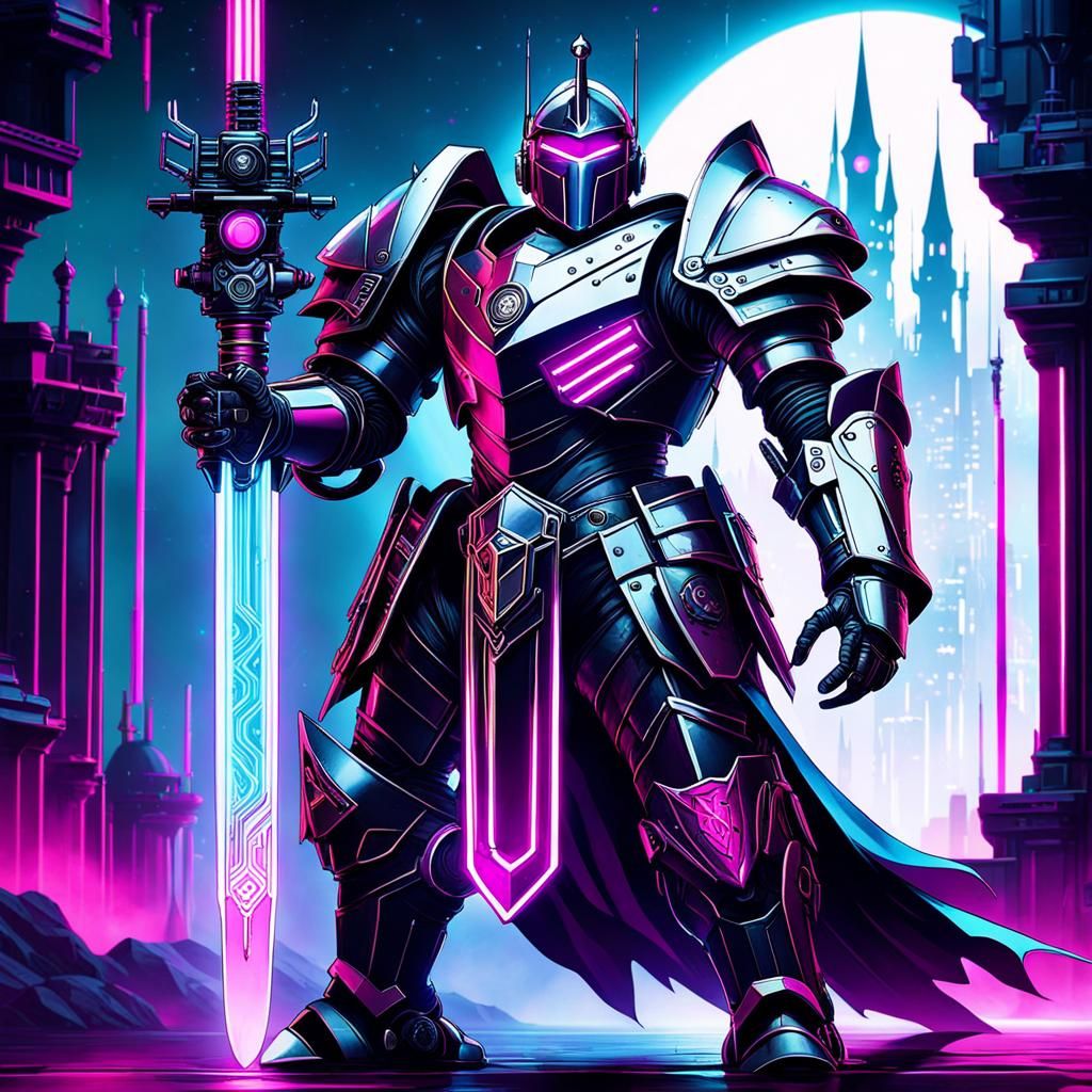 a tech-armored knight wields a laser sword. - AI Generated Artwork ...