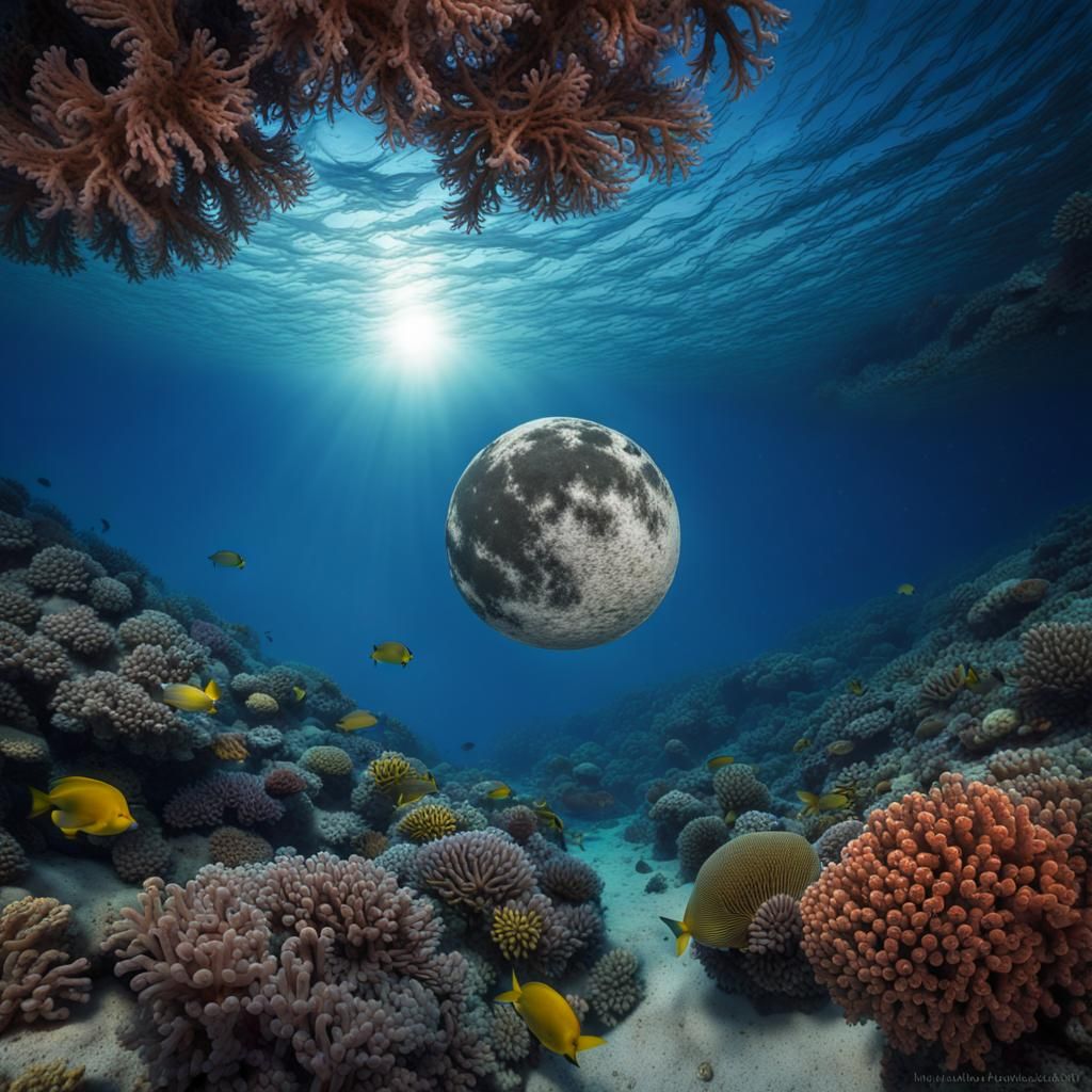 In the middle of a coral reef, the underwater moon shines like a silver ...