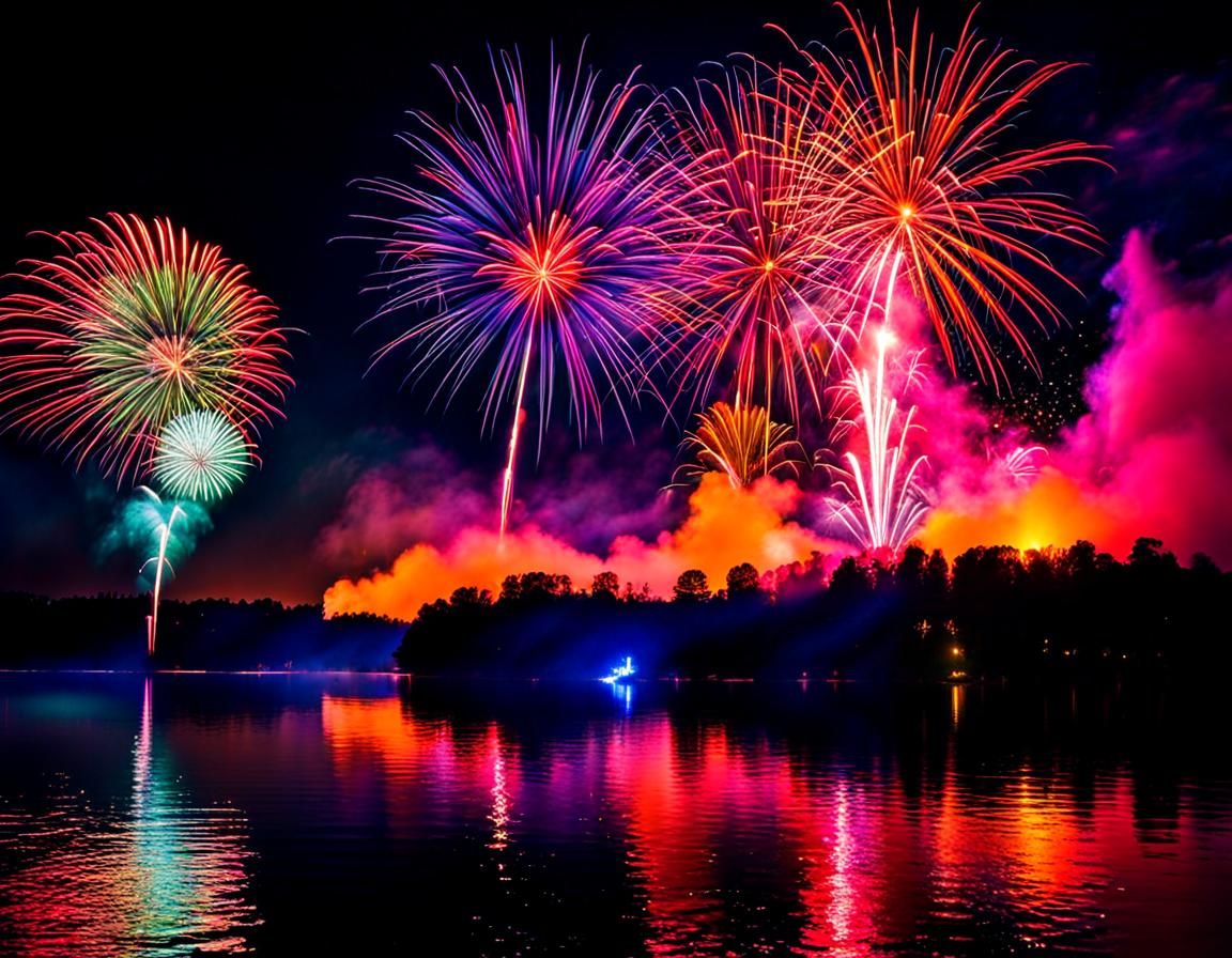 Colorful subtle fireworks over a lake - AI Generated Artwork ...
