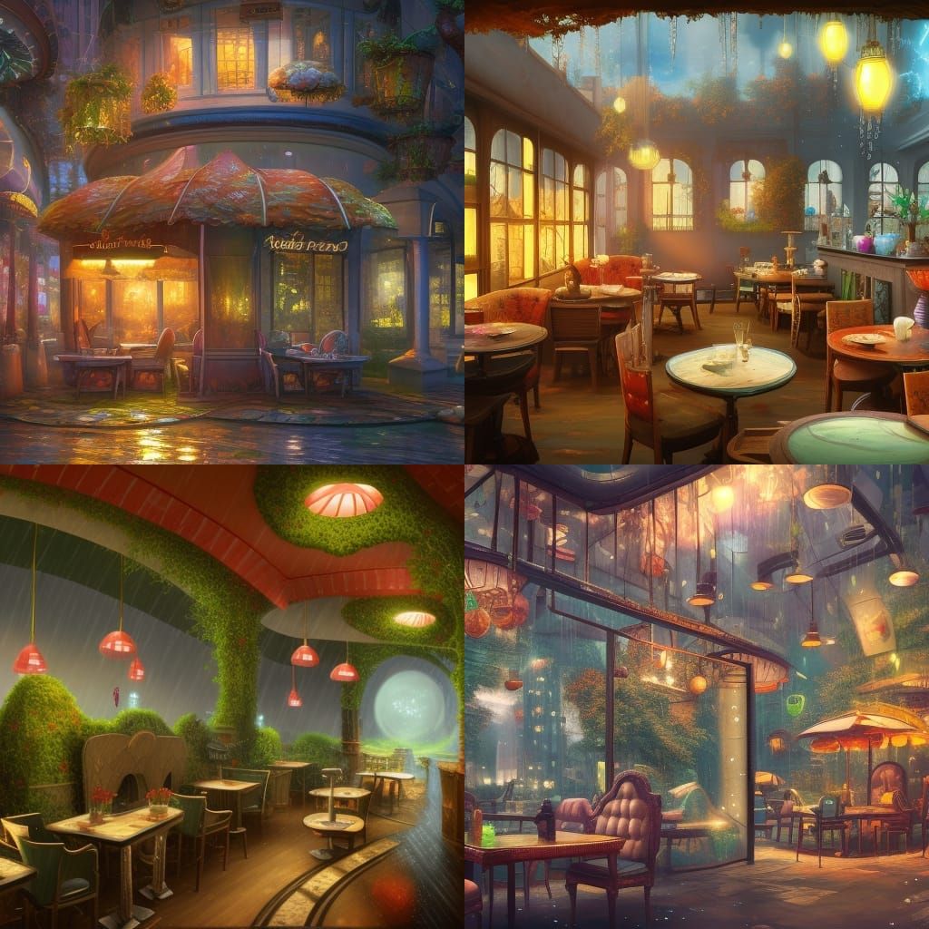 topsy-turvy rainy cafe - AI Generated Artwork - NightCafe Creator