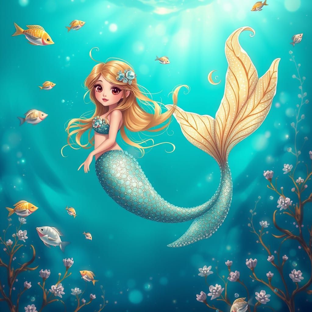 Mermaid in Vibrant Turquoise Sea, in Rococo-Inspir... - AI Art