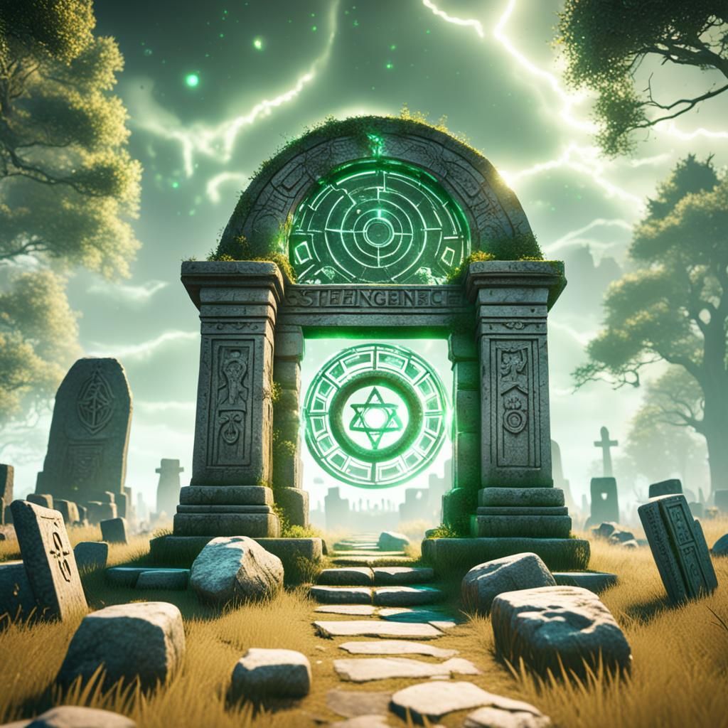 a haunted graveyard with an ancient stone teleport portal in the style ...