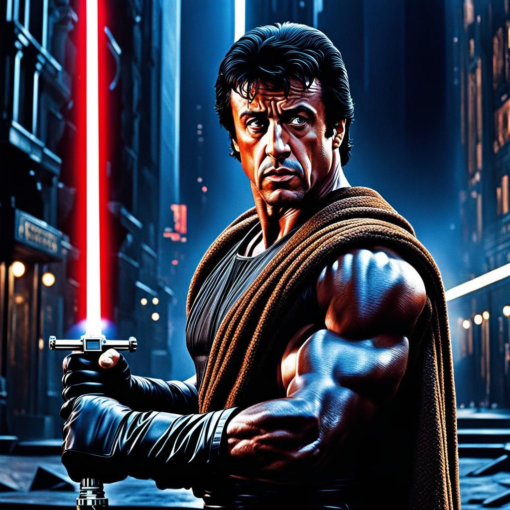 Jedi Exile Balboa with lightsaber on the streets of Coruscant - AI ...