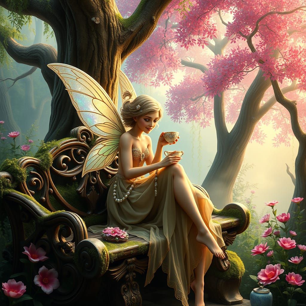 Sunny day fairy drinking tea - Enchanted Woodland Fairy Sip...