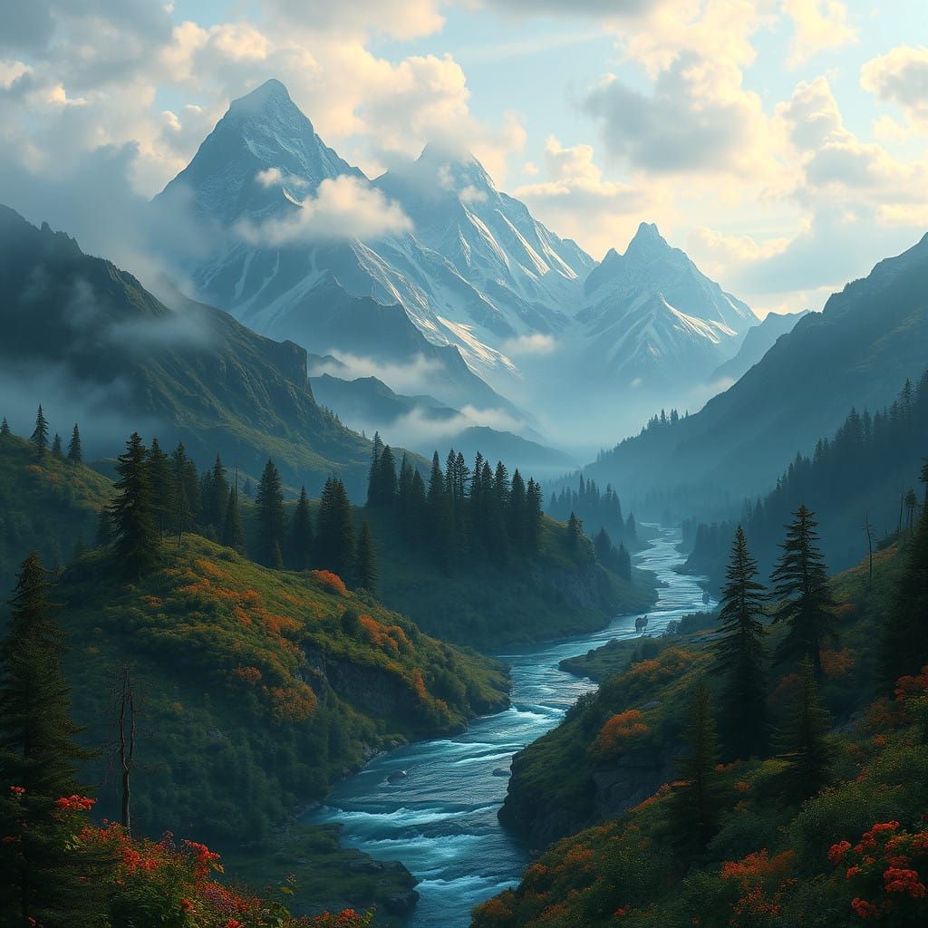 Mountains with river - Dreamlike Mountainscape in Detailed M...