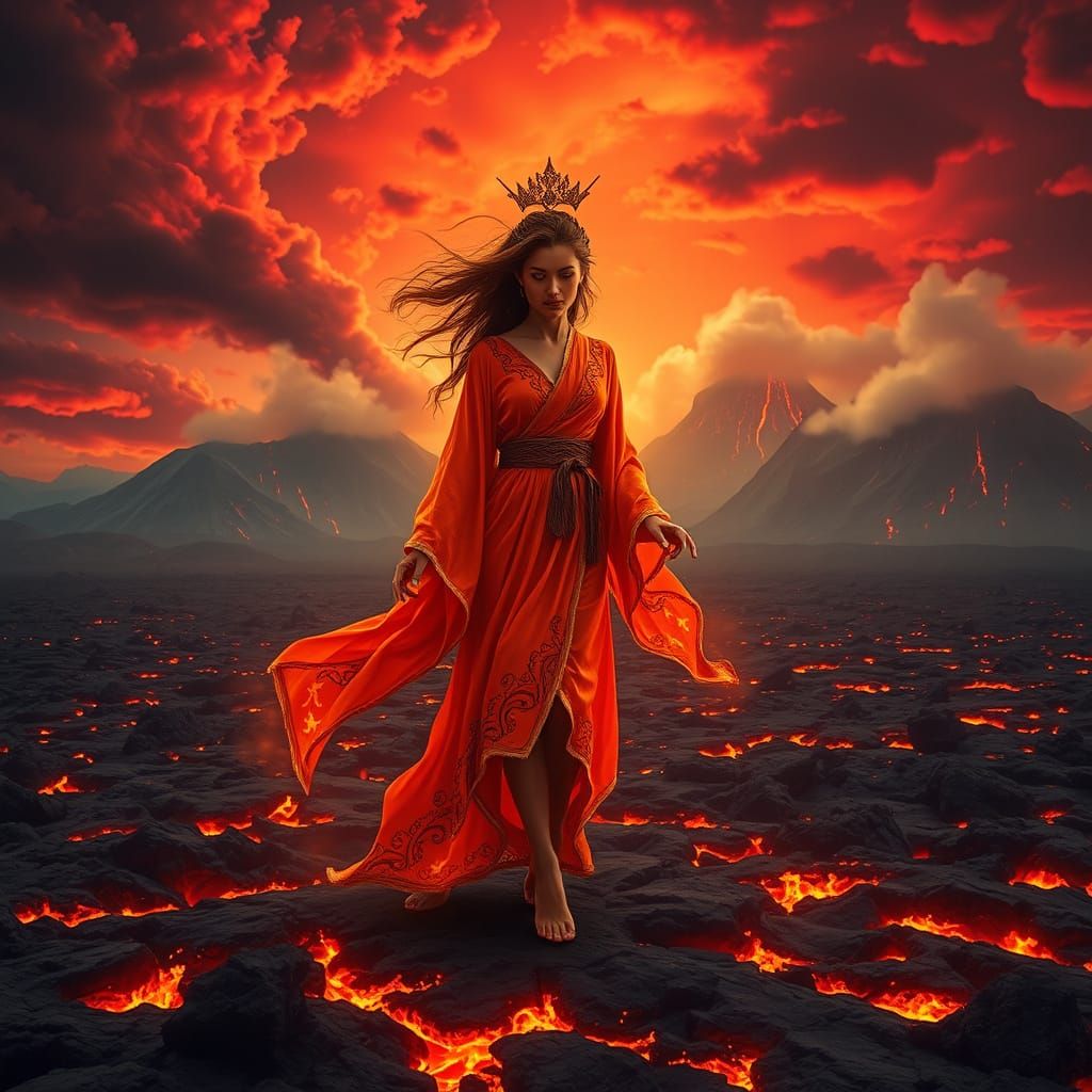 Fire goddess roaming a lava field - Regal Fire Goddess Comma...