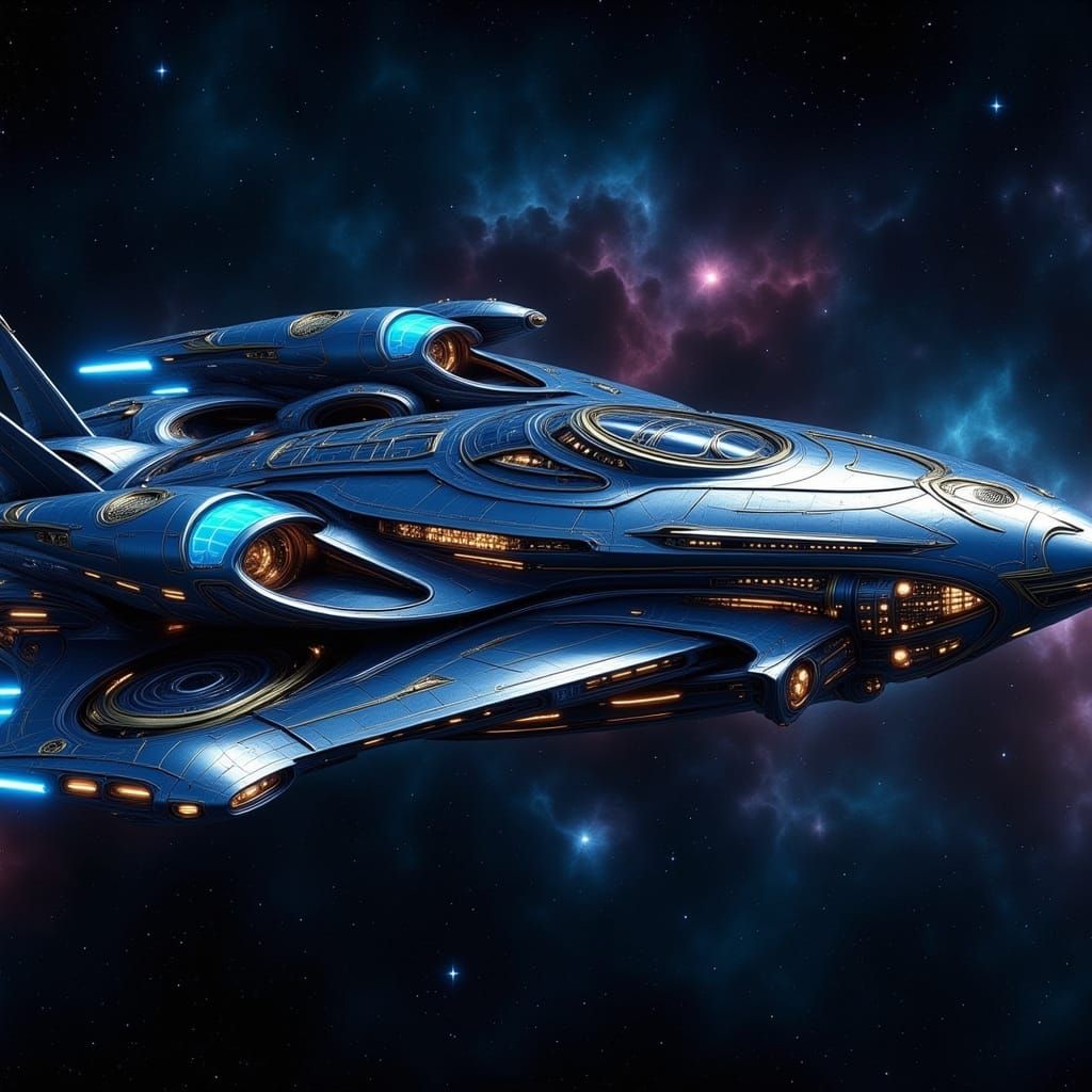 Sleek Metallic Spaceship in Futuristic Sci-Fi Aest... - AI Art