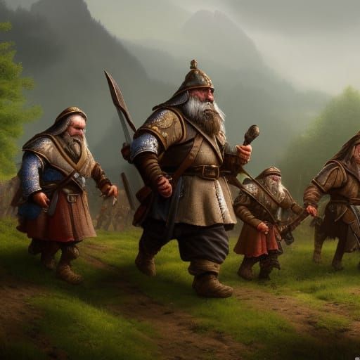 A band of Dwarves marching through wooded mountains - AI Generated ...