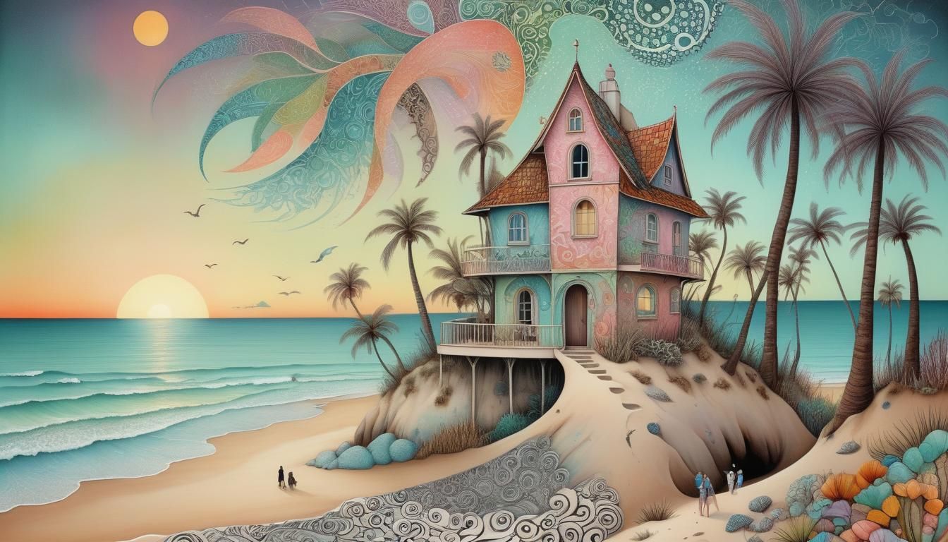 Whimsical, bizarre, twisted, bending beach-holiday-house on a sunset beach