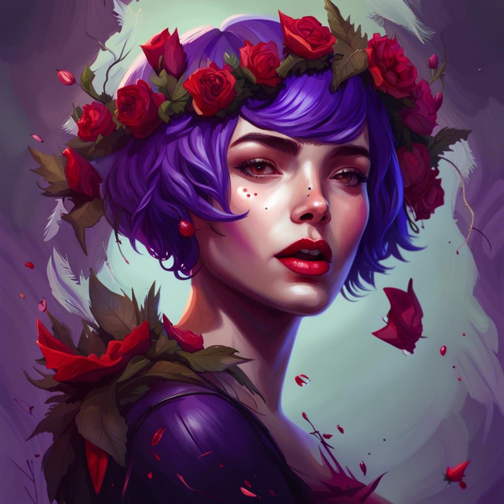 Lilith with flower crown, red lips, purple short hair - AI Generated ...
