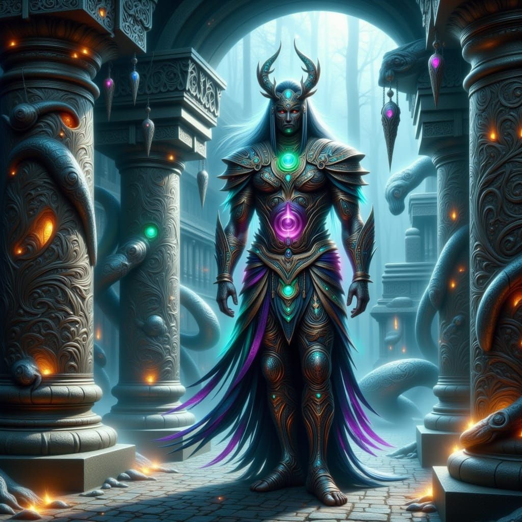 Mystical Warrior in Futuristic Aztec Armor Stands ... - AI Art