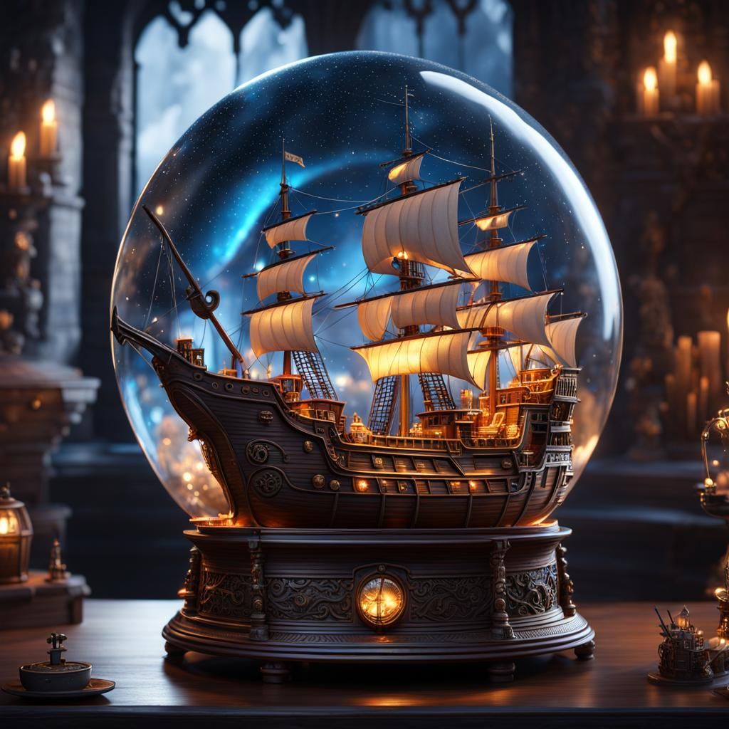 A glinstering pirate ship in a snowglobe - AI Generated Artwork ...