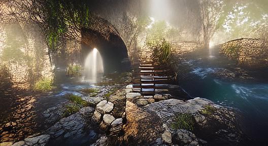 A secret bridge leading to the waterfalls and the grotto CryEngine Behance HD 8k resolution - AI ...