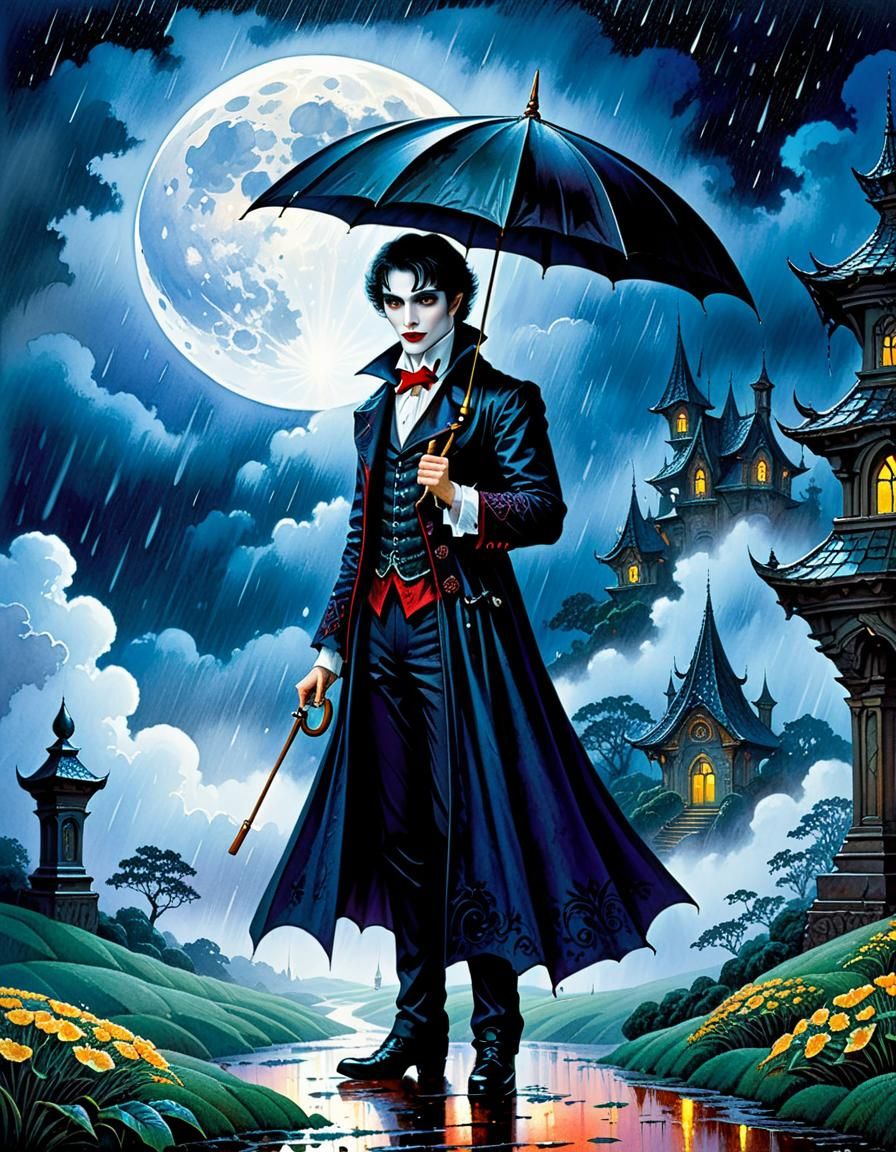 cute vampire holding an Umbrella, RAINY Moonscape, watercolor and ink ...