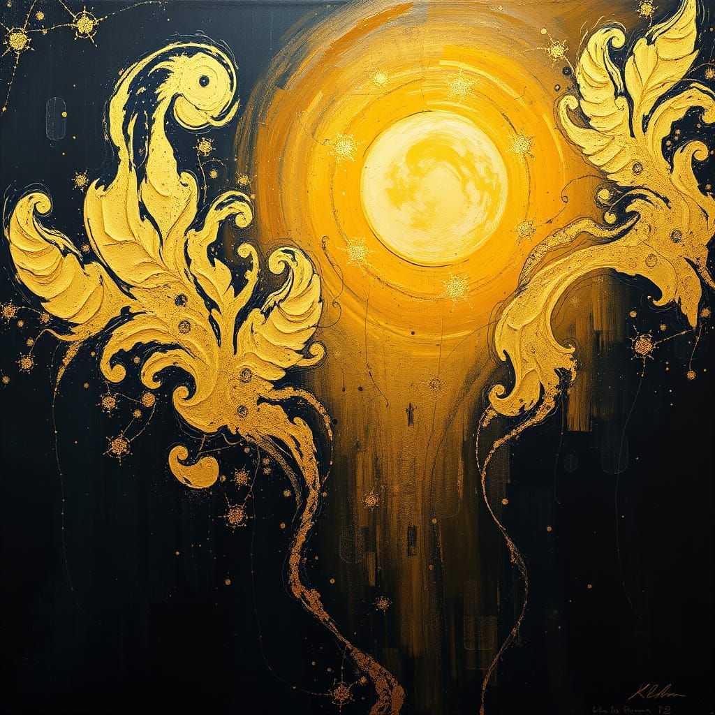 Oil painting, Brushstrokes gold-flecked textures in dark background ...