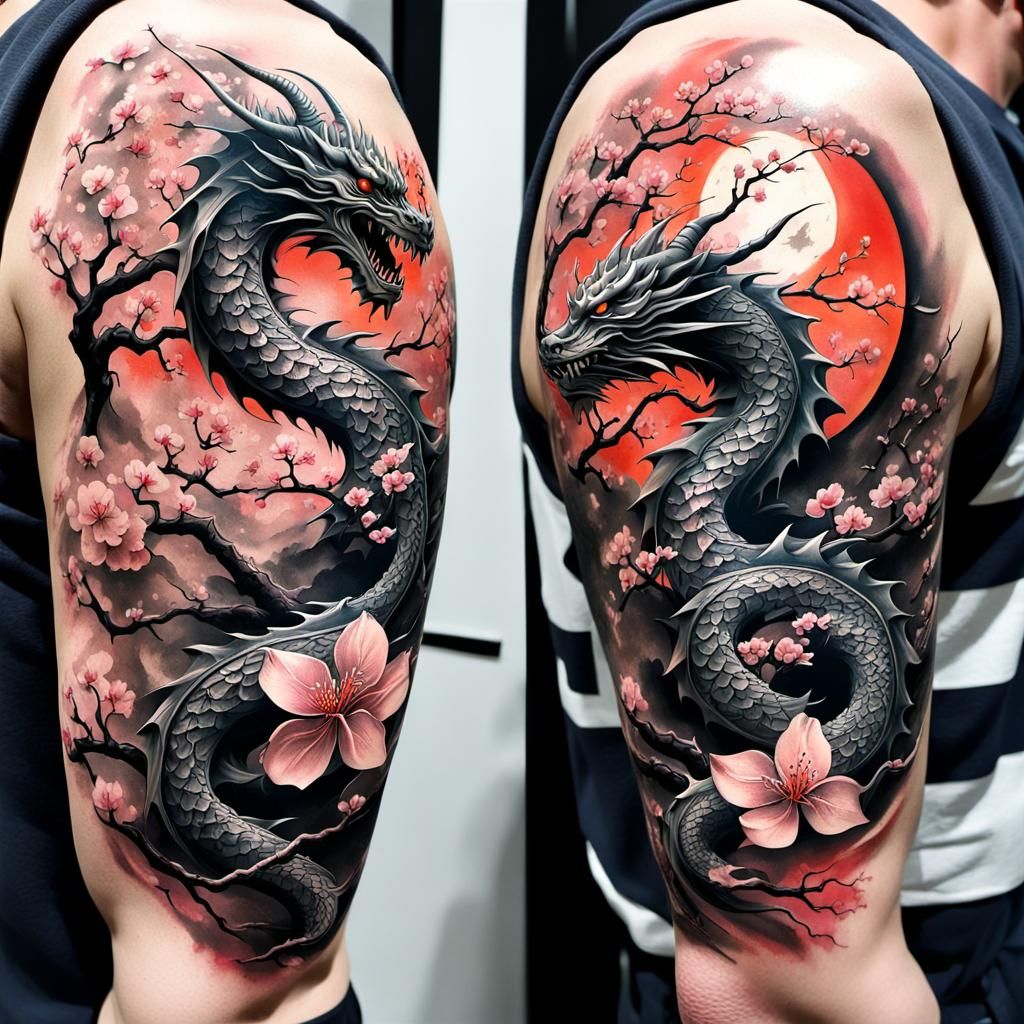 Graphic realism tattoo covering the full back, featuring a dragon with ...