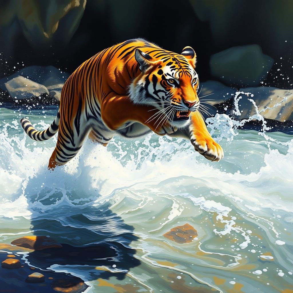 A dynamic scene of a tiger mid-leap over a rushing river, water ...