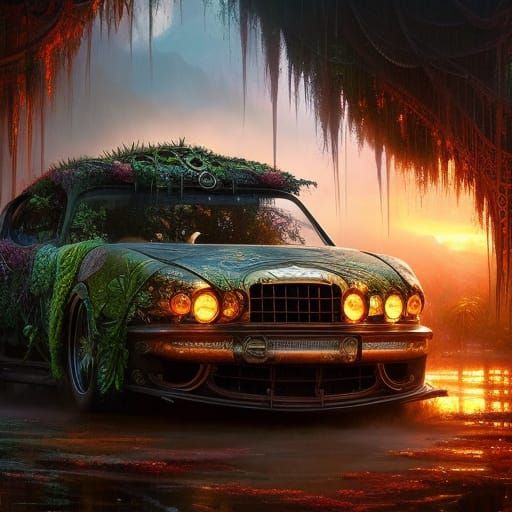 a car covered in vines, old car with vines wrapped around it, in a ...