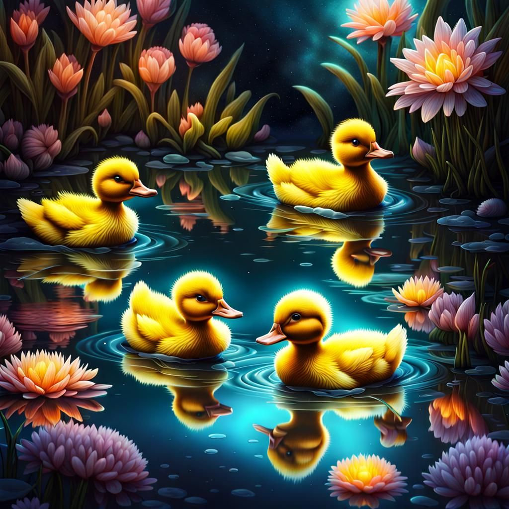 Baby Ducks Among the Glowing Flowers - AI Generated Artwork - NightCafe Creator