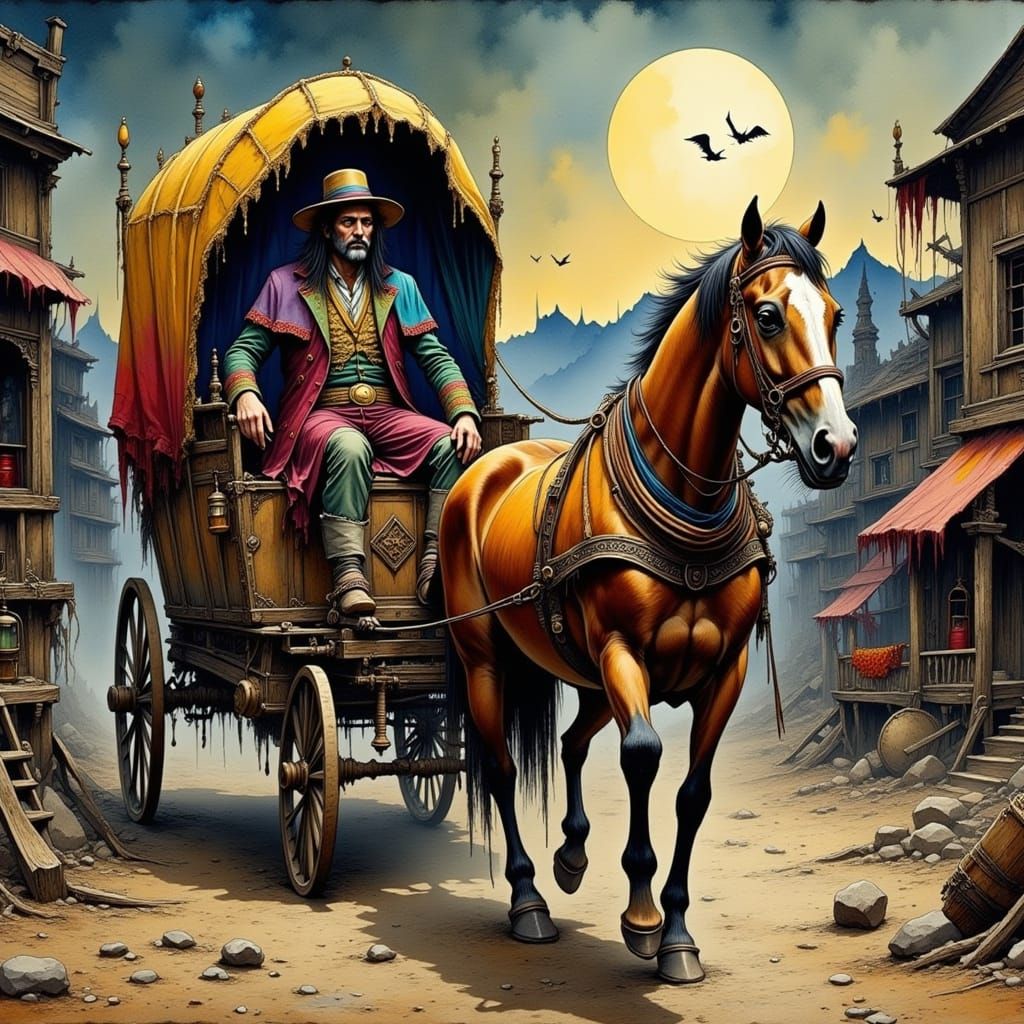 Gypsy Traveller - Gypsy Driver in Ornate Wagon, Mixed Media ...