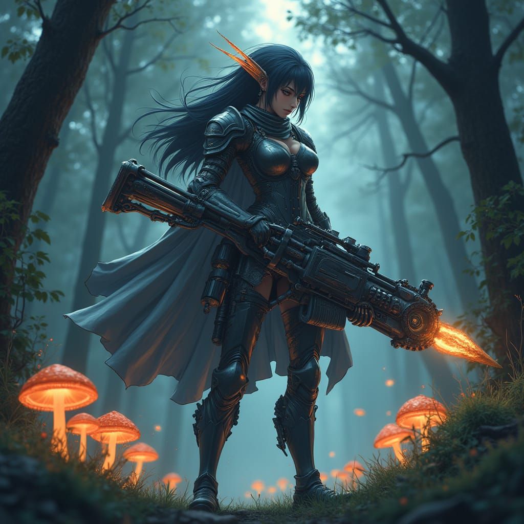 Fearless Anime Hunter Wields Gunlance in Steampunk... - AI Art