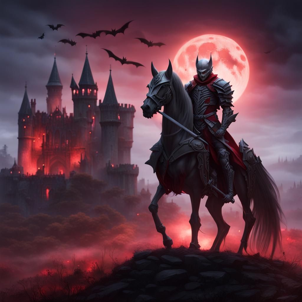 Dnd character, a Vampire Knight wearing, blood red plate armor, bat ...