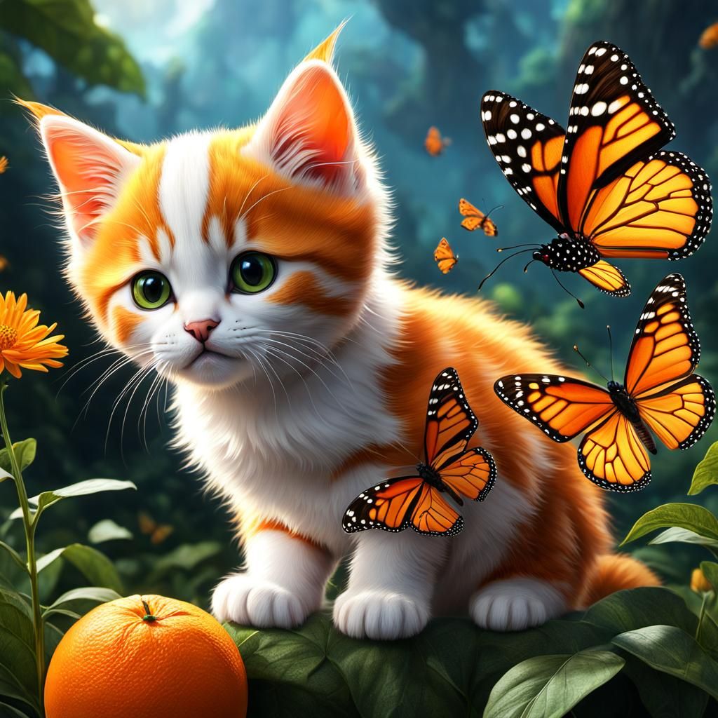 An orange and white kitten with orange and black Monarch butterflies ...