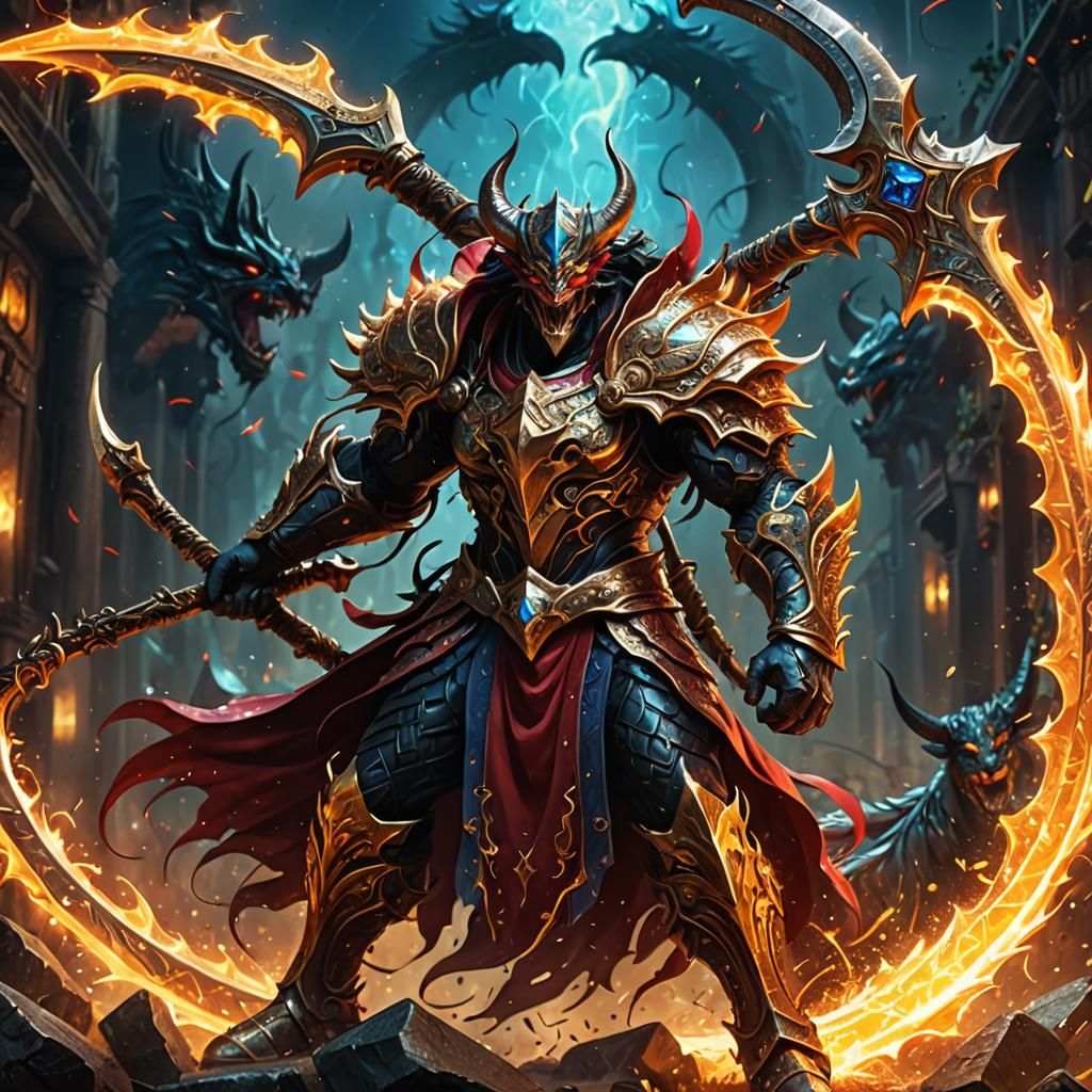 A fearsome and powerful demon with a splashed scythe(long handle and ...